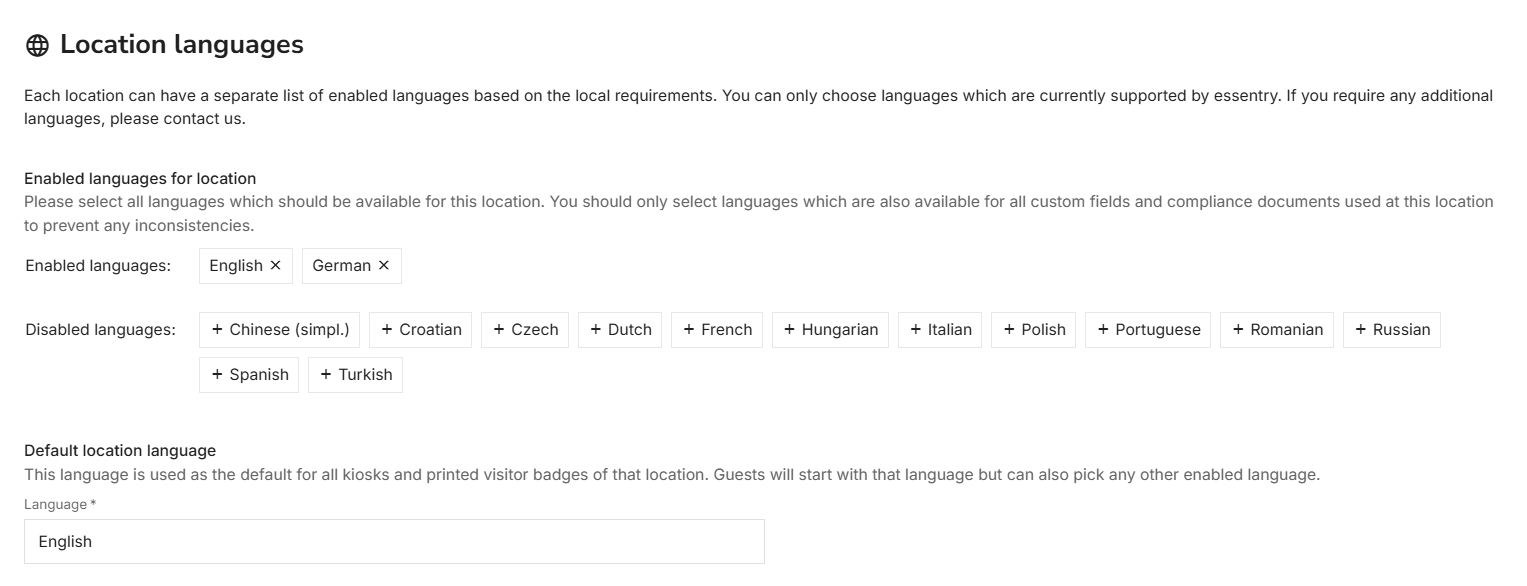 General Location Settings and Location Languages – essentry user guide